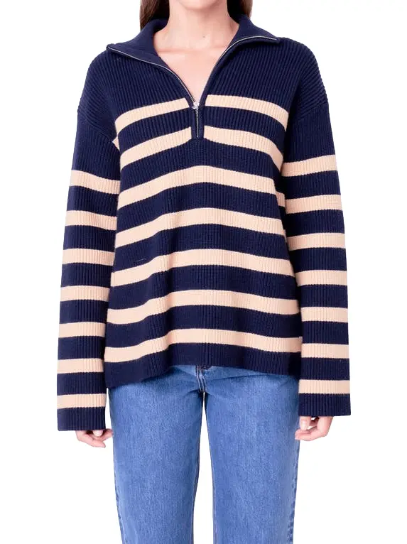 English Factory Stripe Half Zip Sweater - Navy/camel