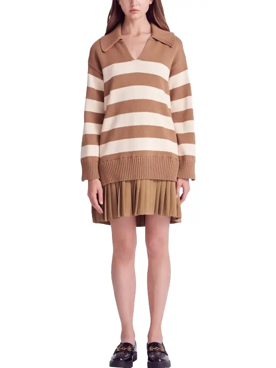 English Factory Mixed Media Long Sleeve Pleated Minidress - Camel/beige