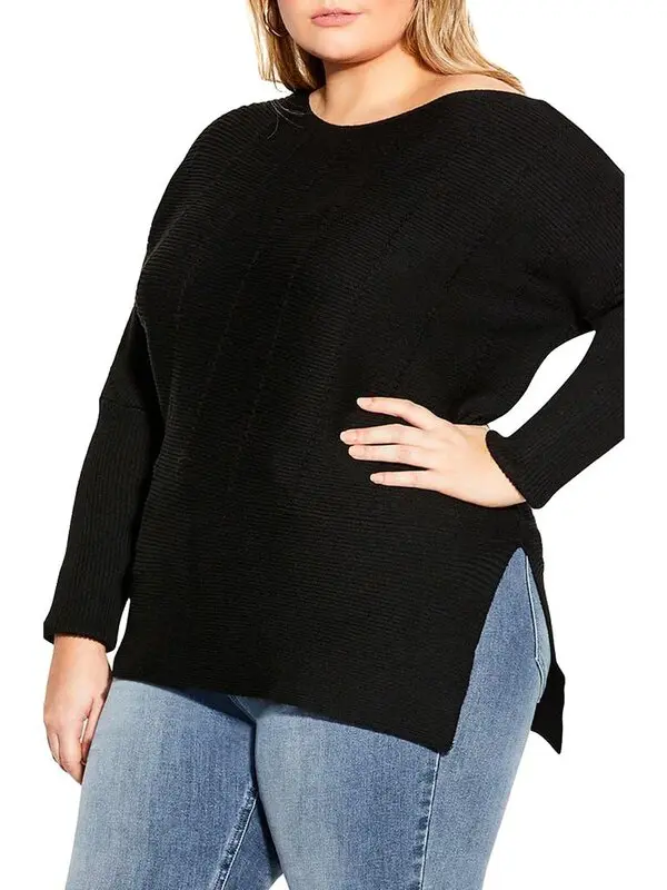 City Chic Lean In One-shoulder Ribbed Sweater - Black