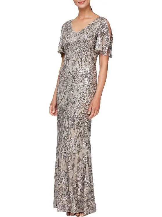 Alex Evenings Sequin Lace Cold Shoulder Trumpet Gown - Mink