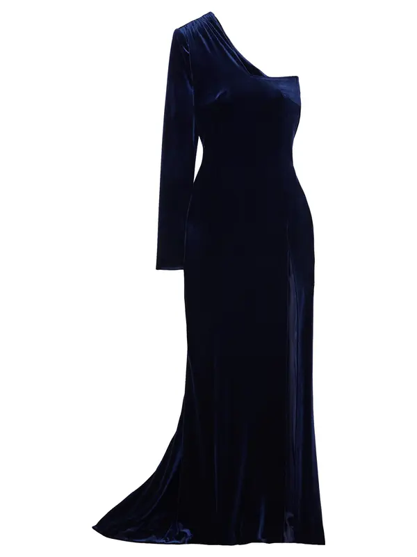 Galvan Rosie One-sleeve Stretch-velvet Gown - Blue