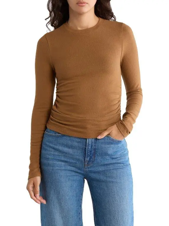 Madewell Long Sleeve Ruched Brushed Jersey Top - Pecan Shell