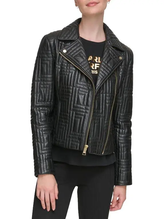 Karl Lagerfeld Paris Double Quilted Leather Moto Jacket - Black