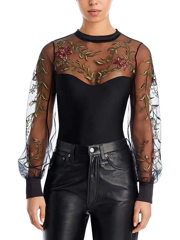 THISTLE AND SPIRE Livia Embroidered Bodysuit - Black