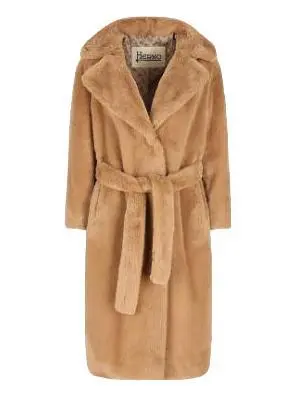 Herno Faux Fur Coat With Belt - Brown