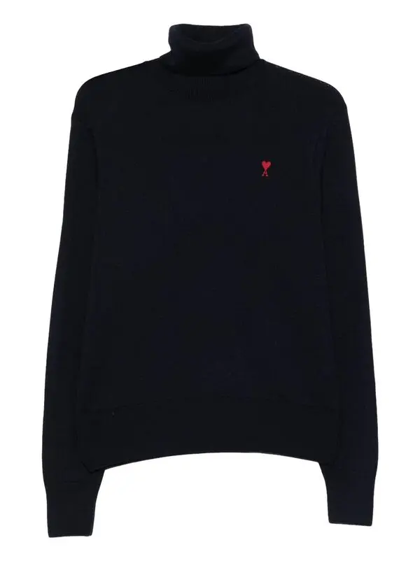Ami Turtleneck Sweater With Heart Embroidery - Blue