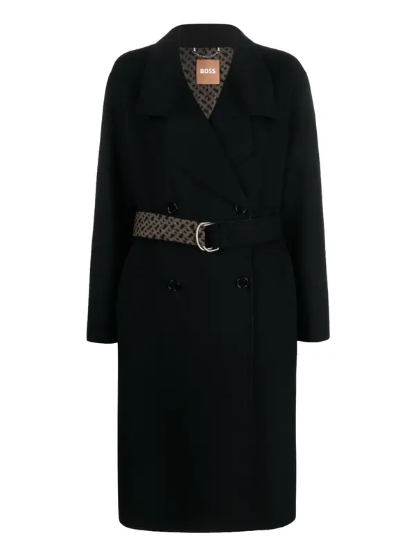 BOSS Monogram-jacquard Belted Wool-blend Coat - Black