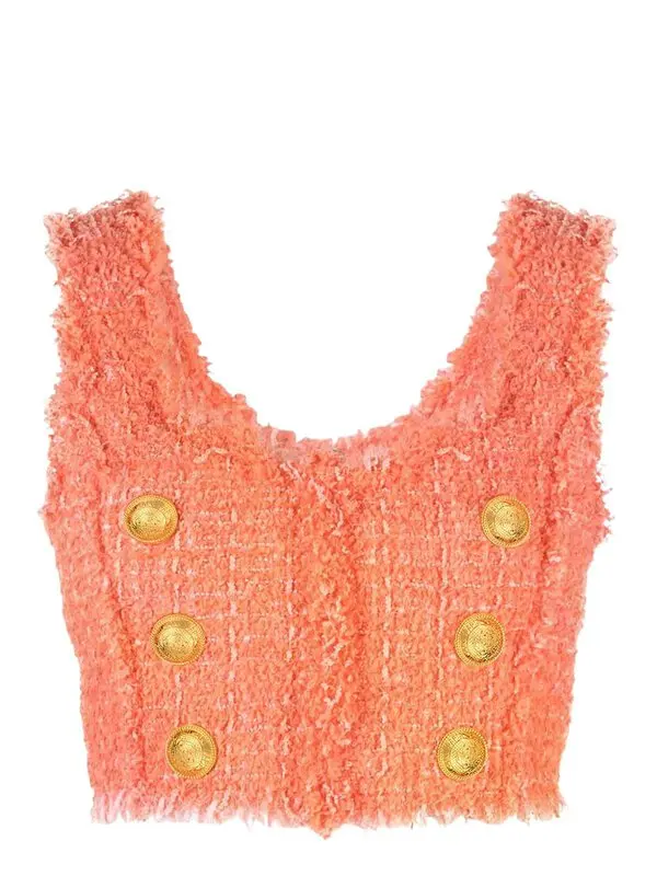 Balmain Buttoned Tweed Cropped Top - Orange