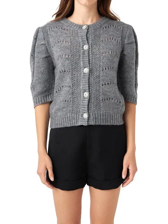 English Factory Pointelle Puff Sleeve Cardigan - Grey