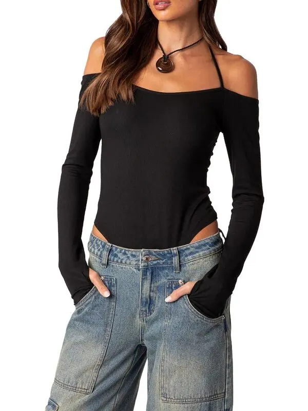 EDIKTED Cold Shoulder Ribbed Bodysuit - Black