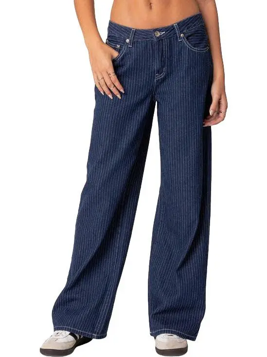 EDIKTED Pinstripe Wide Leg Low Rise Jeans - Navy