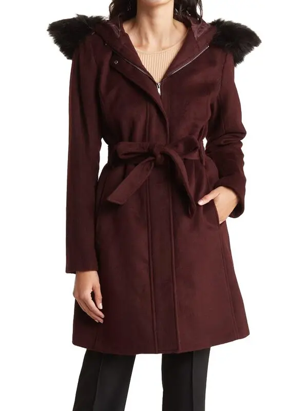 Cole Haan Faux Fur Trim Wool Blend Jacket - Bordeaux