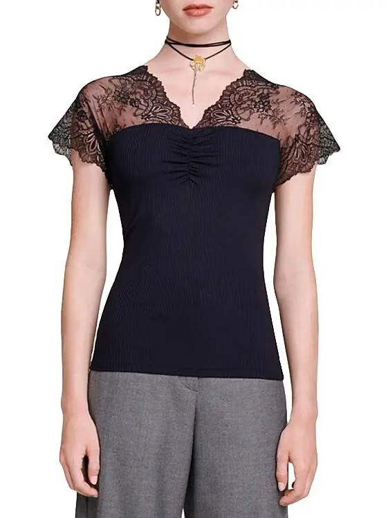 Maje Liliona Lace Trimmed Top - Black