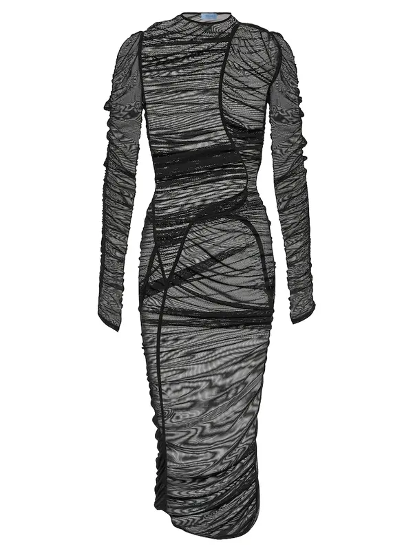 MUGLER Ruched Mesh Midi Dress - Black