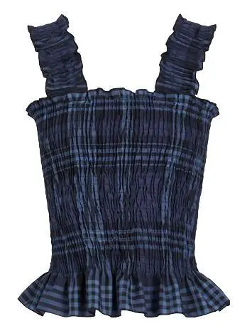 8 BY YOOX Cotton Check Ruffled Smock Top - Blue