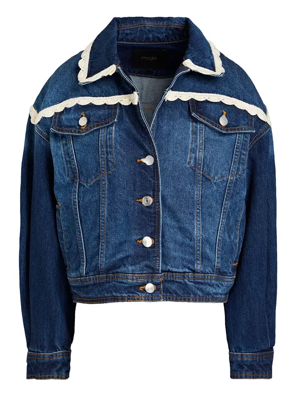 Maje Crochet-trimmed Denim Trucker Jacket - Mid Denim
