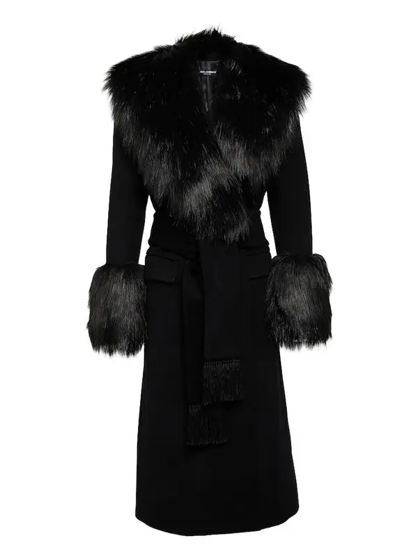 Dolce & Gabbana Faux Fur-trimmed Wool And Cashmere Coat - Black
