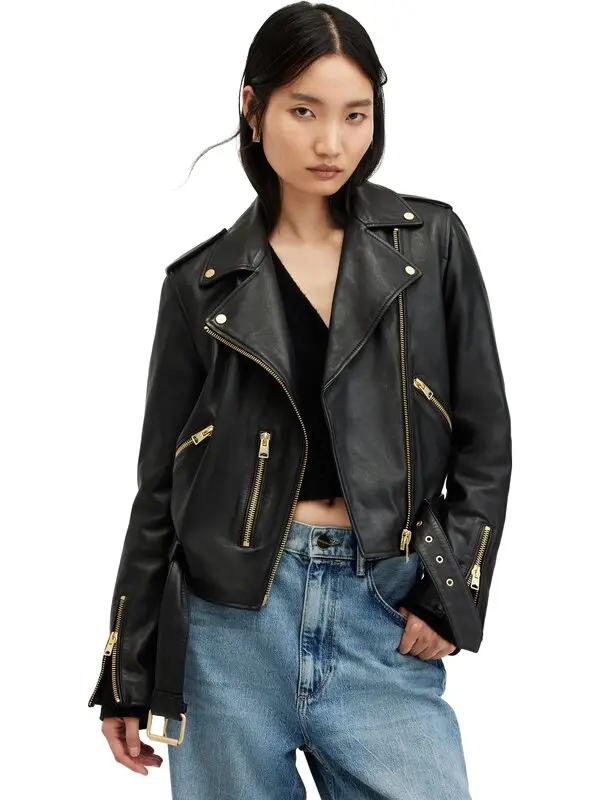 ALLSAINTS Balfern Leather Biker Jacket - Black/gold