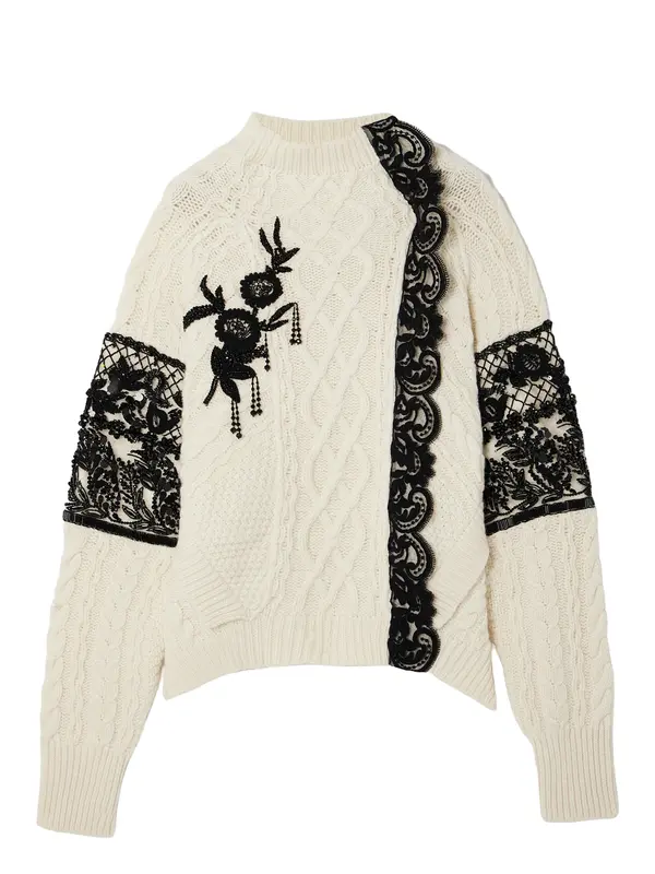 Erdem Lace-trimmed Embellished Cable-knit Wool-blend Sweater - Cream
