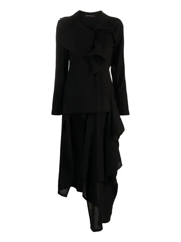 Yohji Yamamoto Ruffle-detail Asymmetric Coat - Black