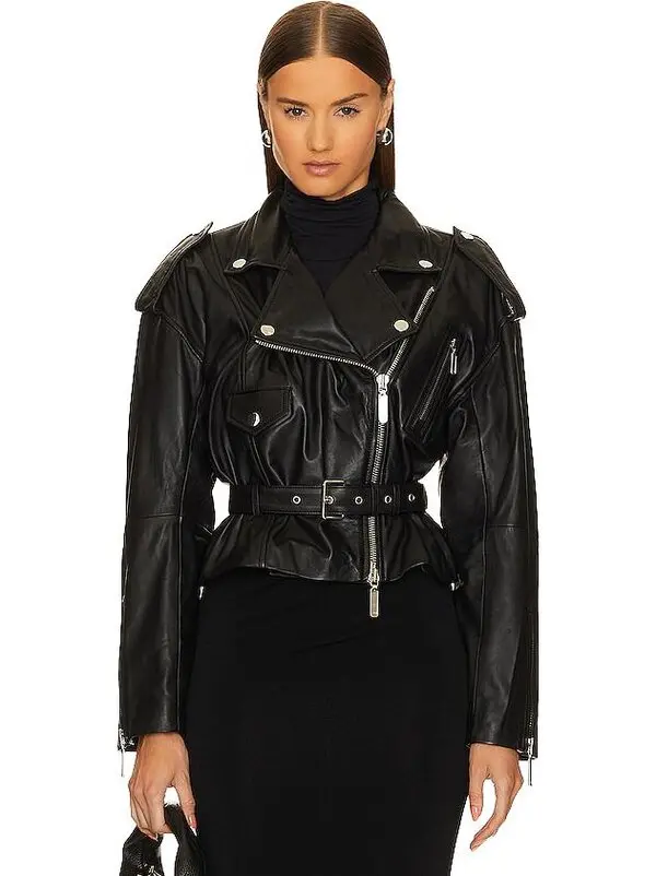 CAMILA COELHO Ambrosia Leather Moto Jacket - Black