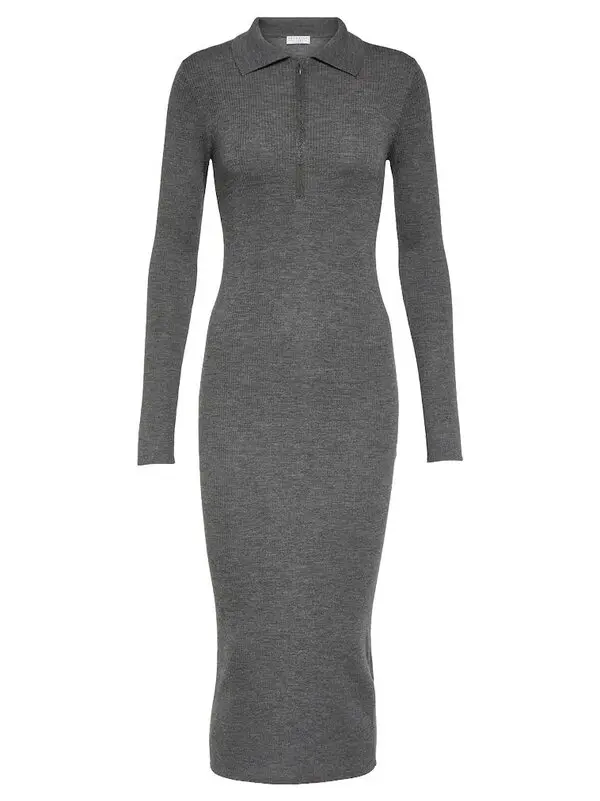 Brunello Cucinelli Ribbed-knit Wool And Cashmere Midi Dress - Grey