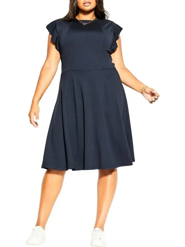 City Chic Frill Sleeve Dress - Navy