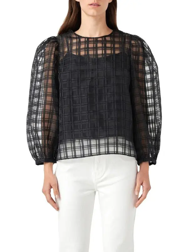 English Factory Plaid Organza Long-sleeve Top - Black