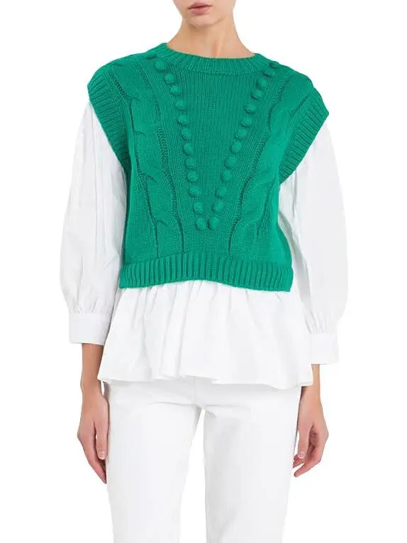 English Factory Mixed Media Cable Stitch Sweater - Green/white
