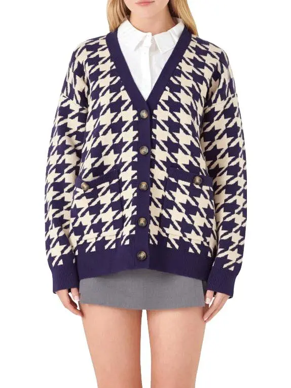 English Factory Houndstooth Cardigan - Navy Multi