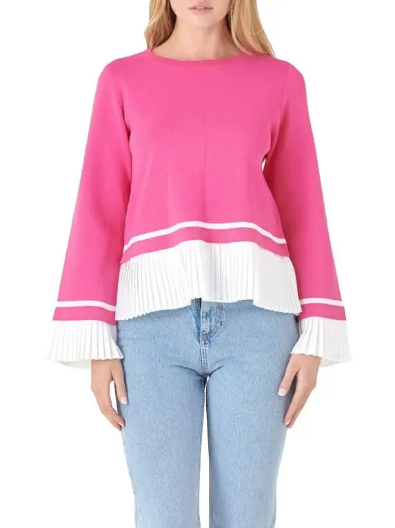 English Factory Mixed Media Pleat Sweater - Pink/white