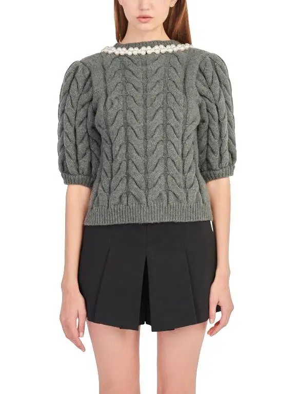 Endless Rose Imitation Pearl Trim Sweater - Charcoal
