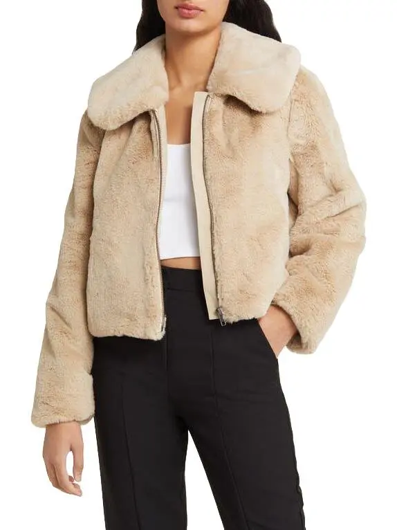 OPEN EDIT Zip Front Faux Fur Jacket - Beige Hummus