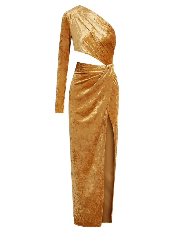 Ronny Kobo Lorinna One-sleeve Crushed Velvet Maxi Dress - Mustard