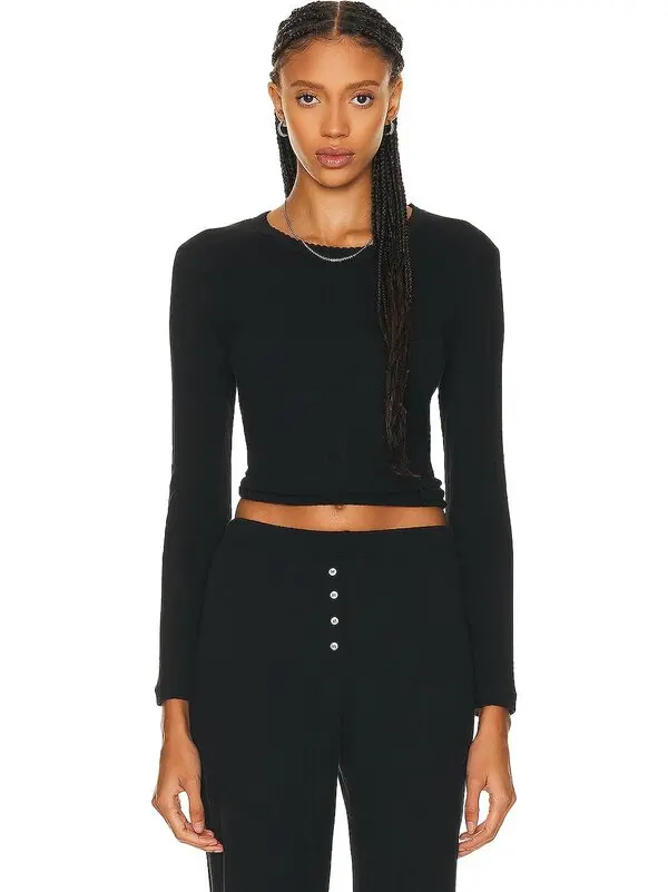 LESET Pointelle Slim Fit Long Sleeve Top - Black