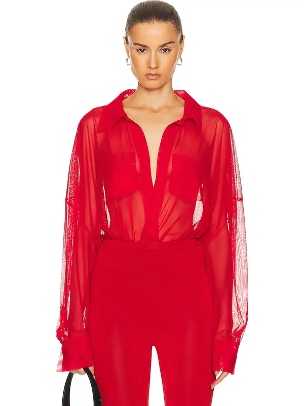 Norma Kamali Super Oversized Boyfriend Shirt Bodysuit - Tiger Red
