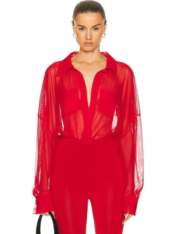 Norma Kamali Super Oversized Boyfriend Shirt Bodysuit - Tiger Red