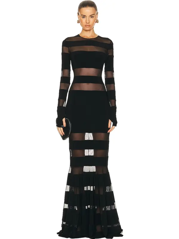Norma Kamali Spliced Fishtail Gown - Black & Black Mesh