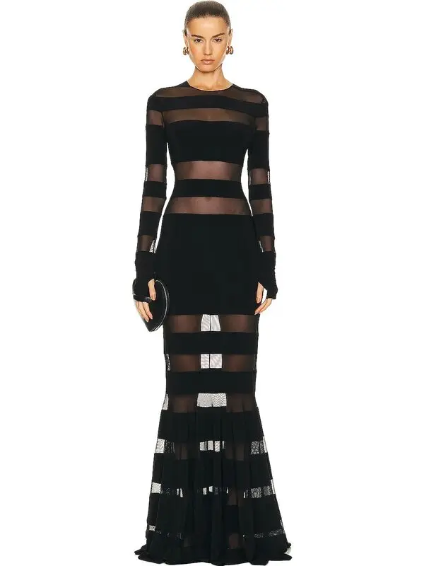 Norma Kamali Spliced Fishtail Gown - Black & Black Mesh