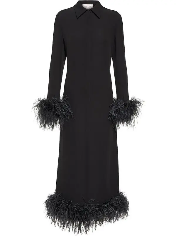 Valentino Garavani Feather-trimmed Silk Midi Dress - Black