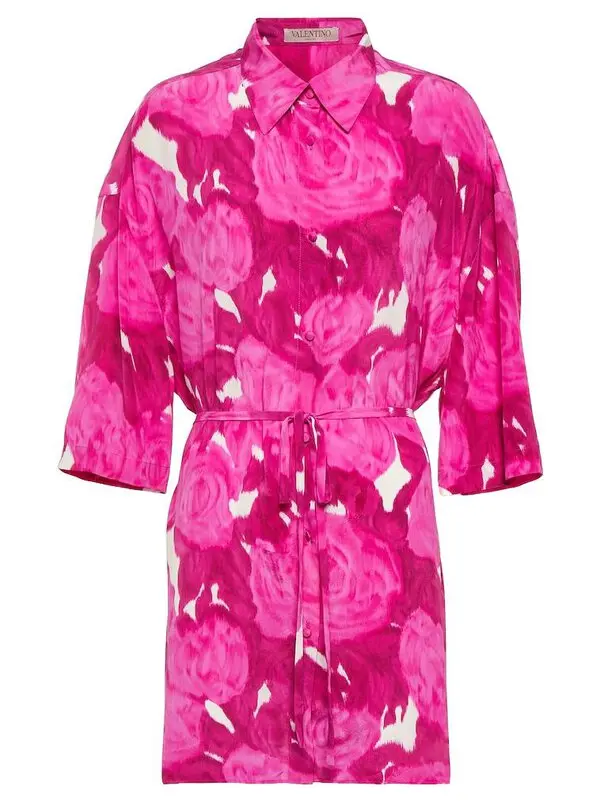 Valentino Garavani Belted Floral Silk Shirt Dress - Pink