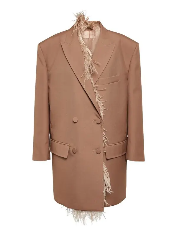 Valentino Garavani Feather-trimmed Double-breasted Blazer - Brown