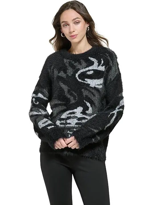 Dkny Tiger Eye Jacquard Long Sleeve Sweater - Black