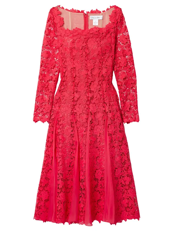 Oscar De La Renta Silk-chiffon Trimmed Guipure Lace Midi Dress - Red