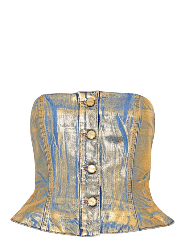 GANNI Foil-print Strapless Denim Top - Gold