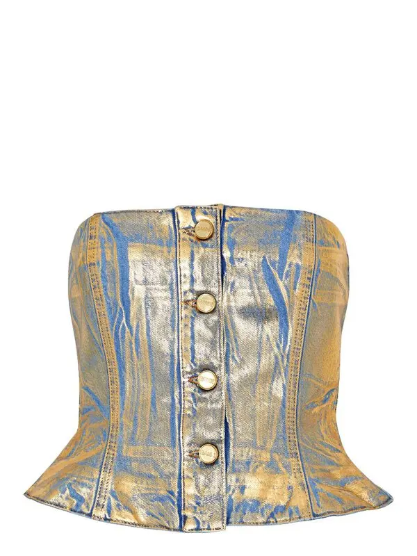 GANNI Foil-print Strapless Denim Top - Gold