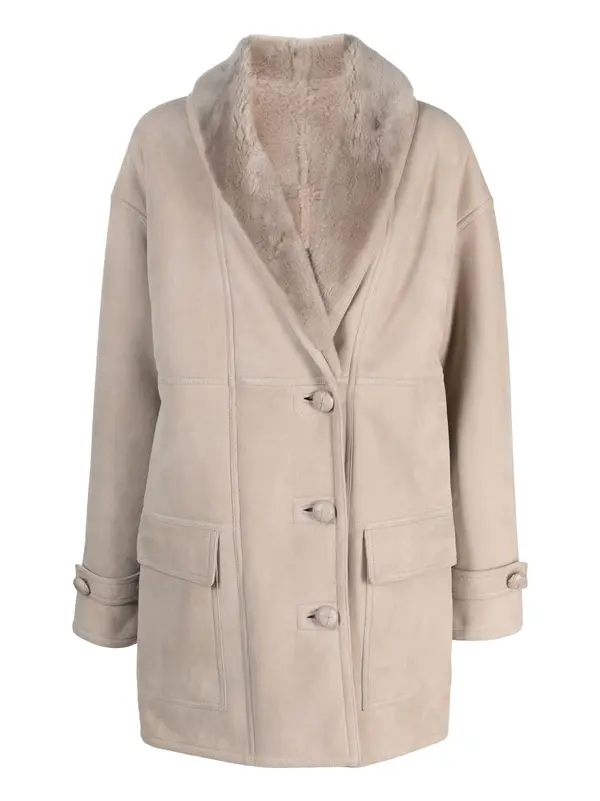 LISKA Shearling-collar Single-breasted Coat - Neutrals