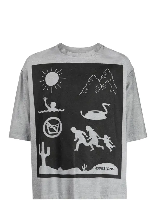 4SDESIGNS Graphic-print Mélange-effect T-shirt - Grey