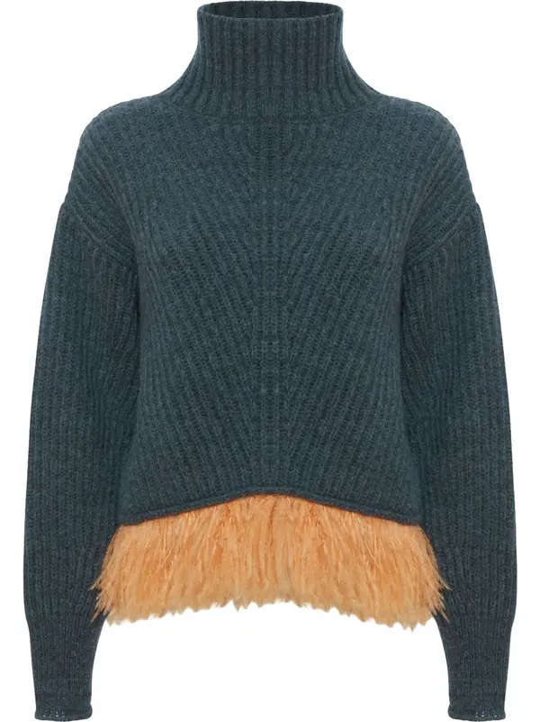 La DoubleJ High-neck Feather-trim Jumper - Green
