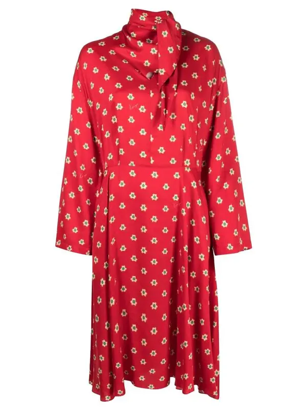 Kenzo Teddy Flower Pleated Midi Dress - Red